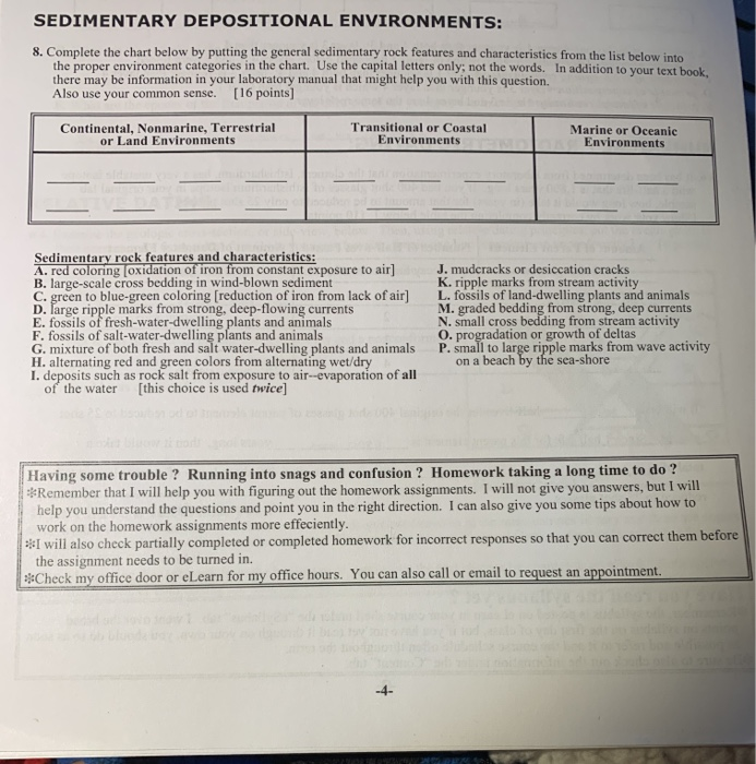 Solved SEDIMENTARY DEPOSITIONAL ENVIRONMENTS: 8. Complete | Chegg.com