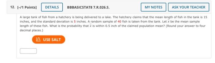 Solved 12. (-/1 Points) DETAILS BBBASICSTAT8 7.R.026.S. MY | Chegg.com Solved 12. (-/1 Points) DETAILS BBBASICSTAT8 7.R.026.S. MY | Chegg.com