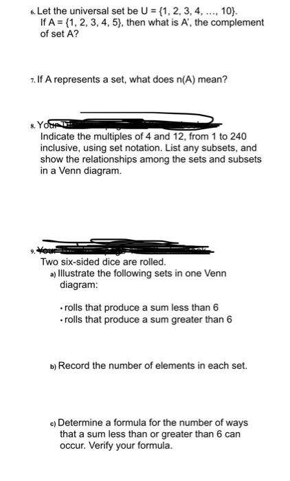 Solved 6. Let the universal set be U={1,2,3,4,…,10}. If | Chegg.com