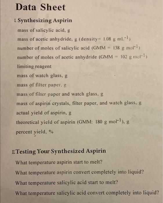 Solved Data Sheet I. Synthesizing Aspirin mass of salicylic | Chegg.com