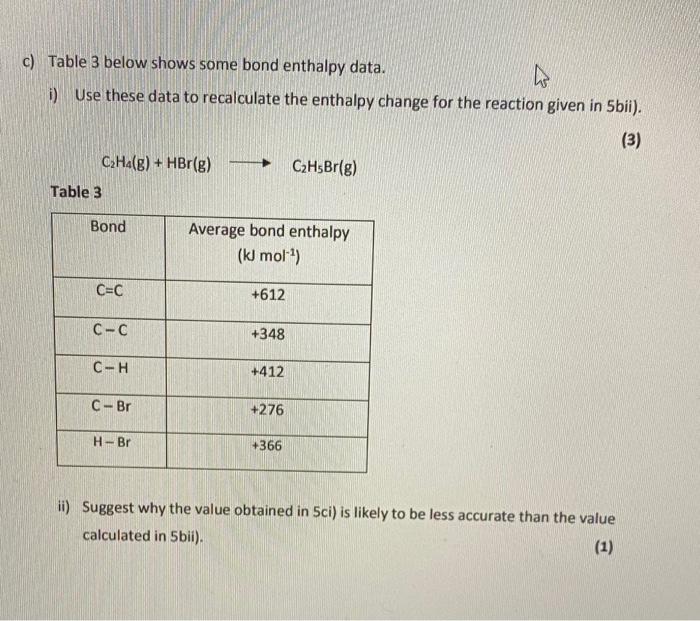 Solved c) Table 3 below shows some bond enthalpy data. B) | Chegg.com