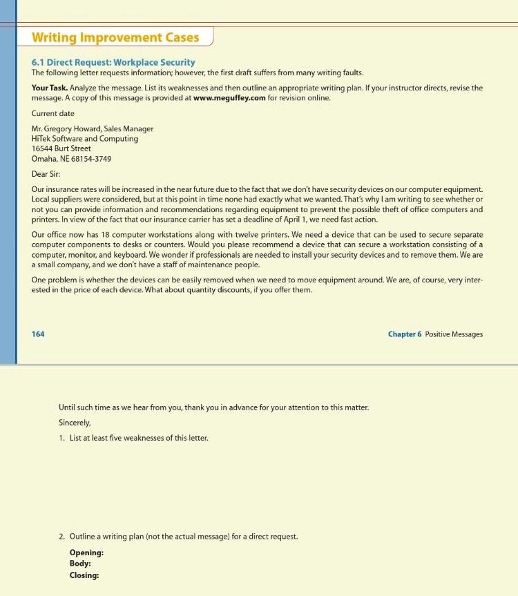 Writing Improvement Cases 6.1 Direct Request: | Chegg.com