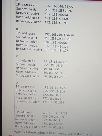 Solved Which of these subnets has an incorrect host address? | Chegg.com