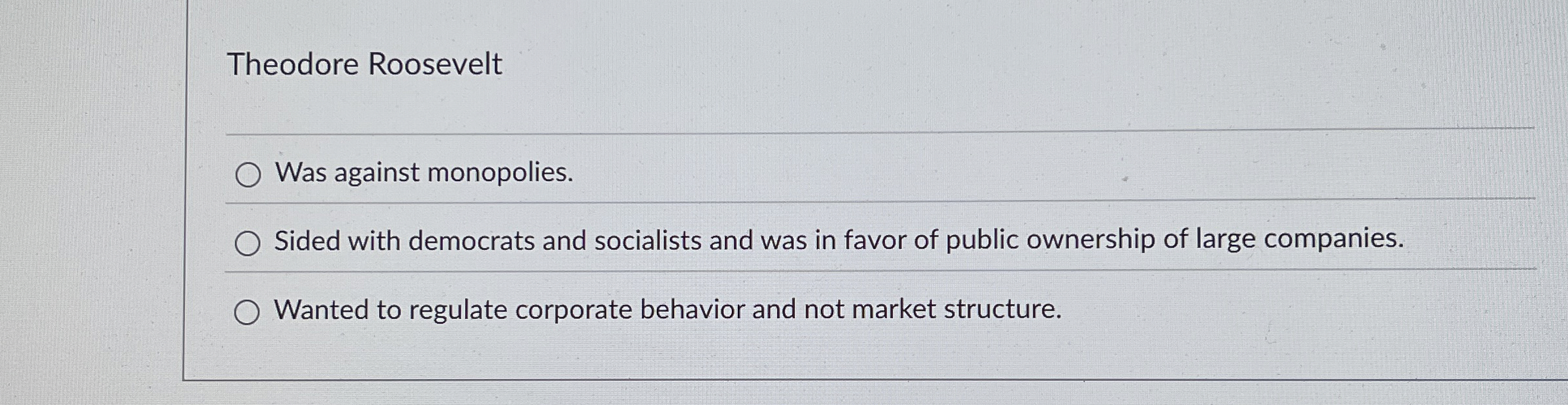 Solved Theodore RooseveltWas against monopolies.Sided with | Chegg.com