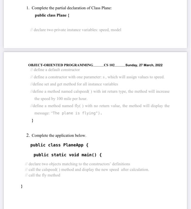 Solved 1. Complete the partial declaration of Class Plane: | Chegg.com