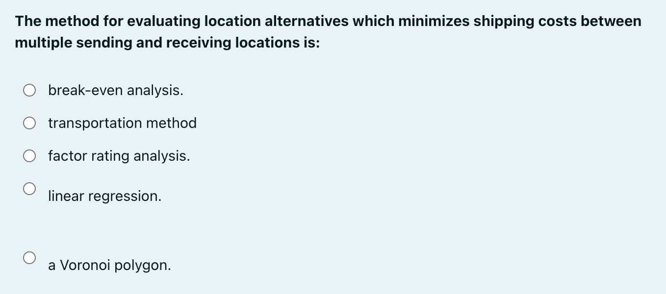 Solved The method for evaluating location alternatives which | Chegg.com