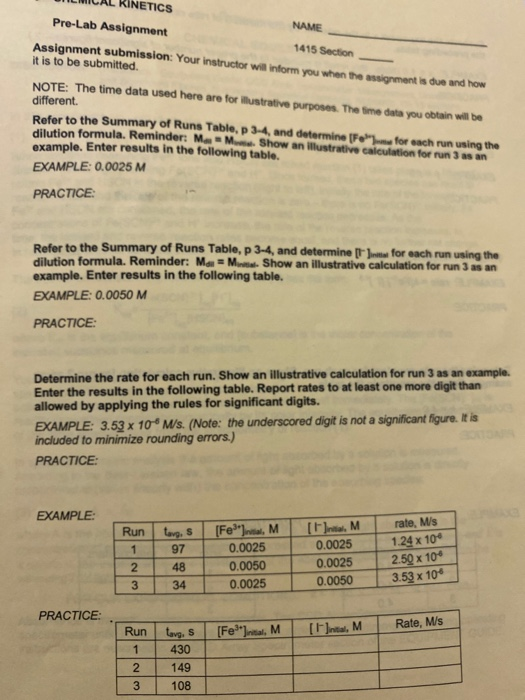 Solved KINETICS NAME Pre-Lab Assignment 1415 Section | Chegg.com