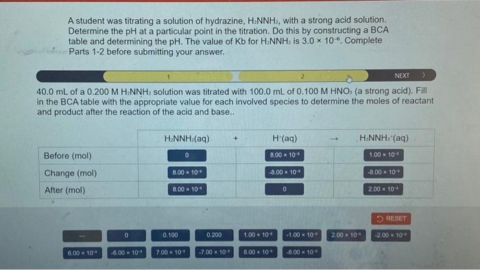 Solved A student was titrating a solution of hydrazine, | Chegg.com