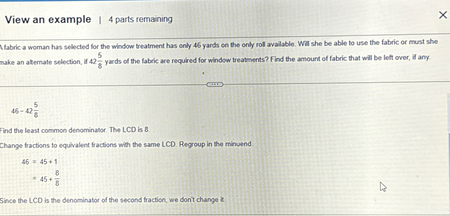 Solved View an example4 ﻿parts remainingA fabric a woman has | Chegg.com