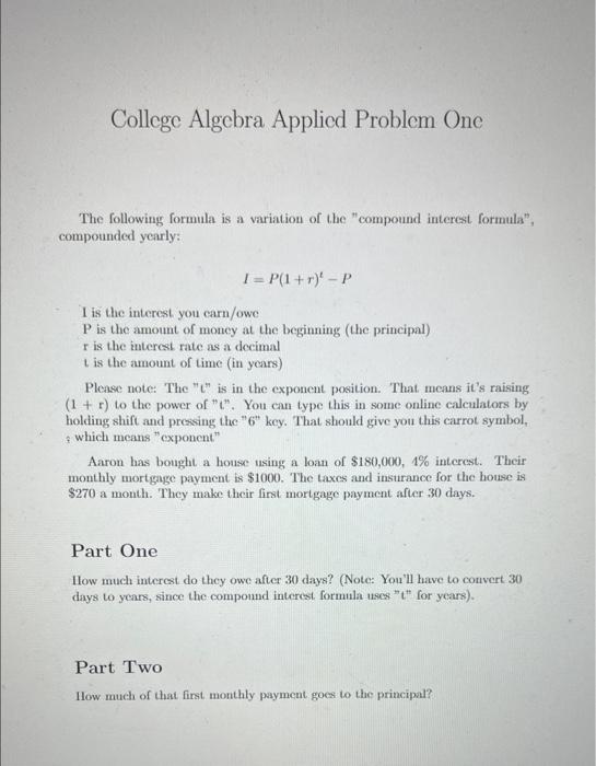 Solved College Algebra Applied Problem One The following | Chegg.com