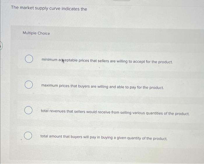 Solved The market supply curve indicates the Multiple Choice | Chegg.com