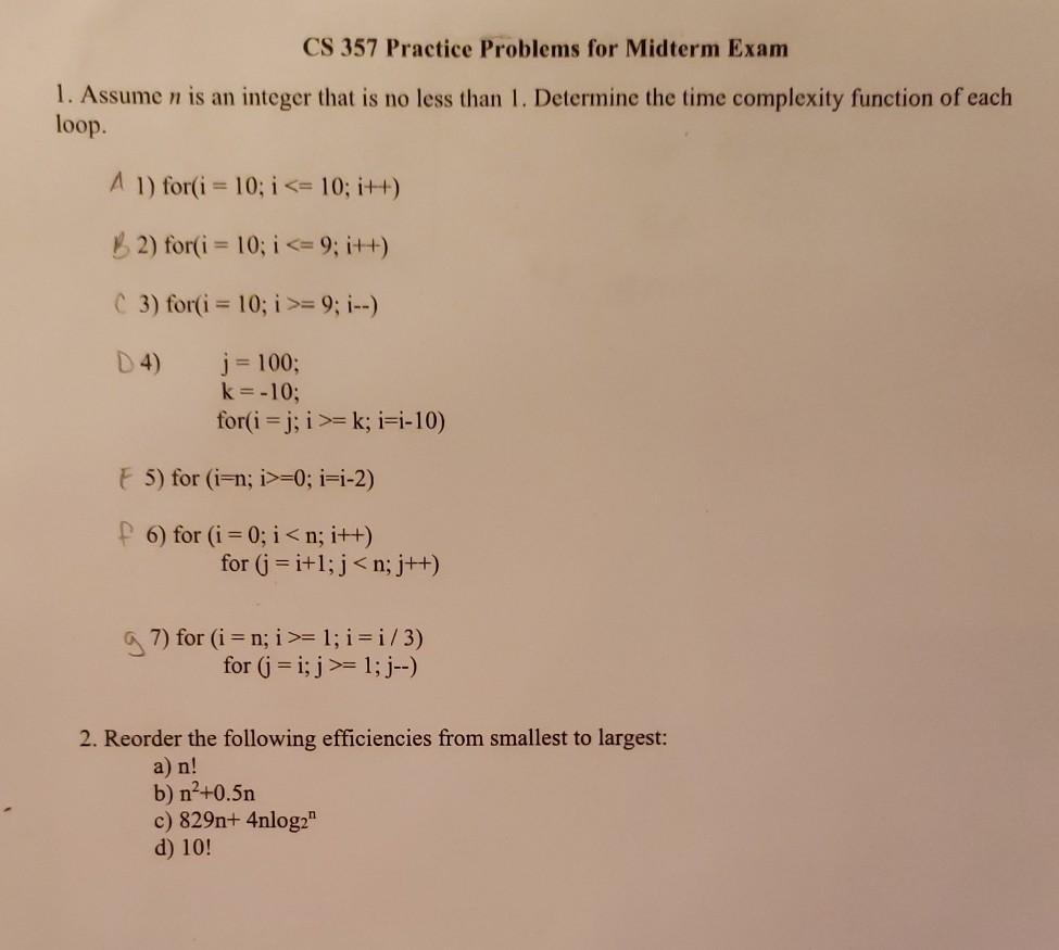 Solved CS 357 Practice Problems for Midterm Exam 1. Assume n | Chegg.com