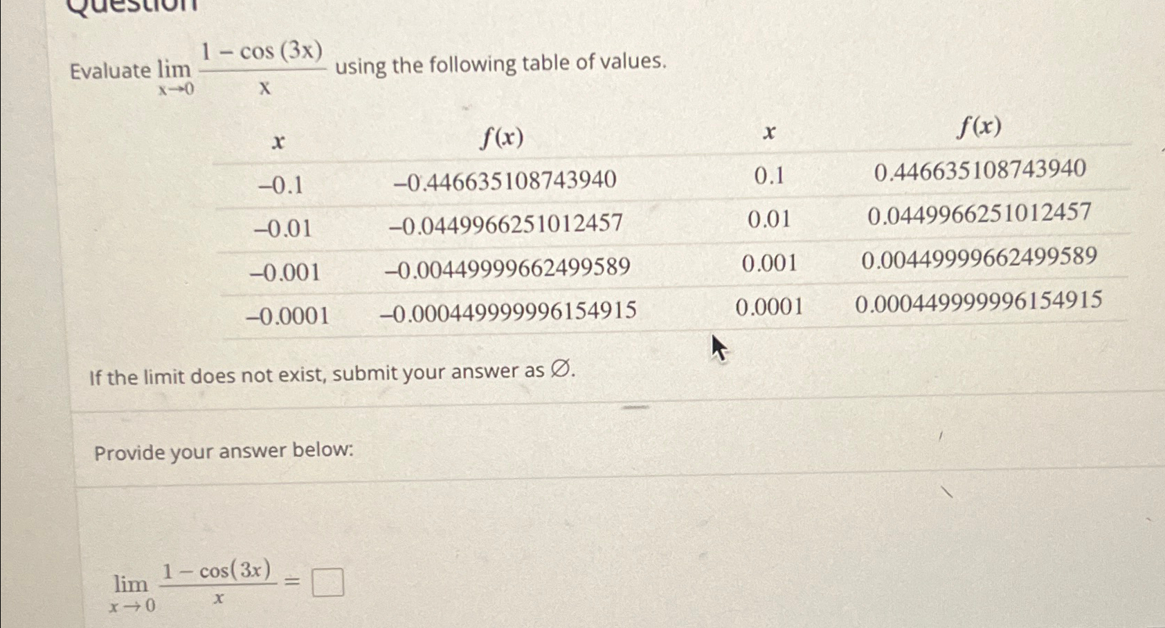 Solved Evaluate limx→01-cos(3x)x ﻿using the following table | Chegg.com