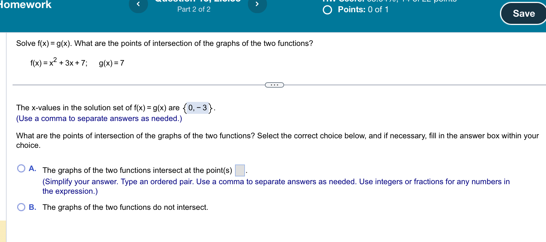 Solved tomeworkPart 2 ﻿of 2Points: 0 ﻿of 1Solve f(x)=g(x). | Chegg.com