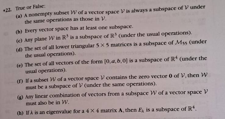 Solved *22. ﻿True or False:(a) ﻿A nonempty subset W ﻿of a | Chegg.com