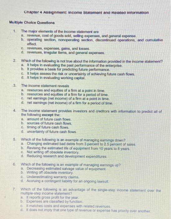 Solved Chapter 4 Assignment: income Statement and Related | Chegg.com