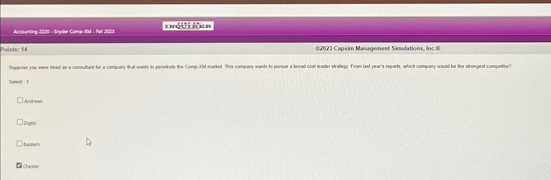 Accounting 2220 - ﻿Snyder Comp-XM - ﻿Fall 2023Points: | Chegg.com