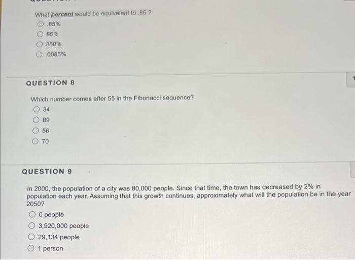 Solved What percent would be equivalent to .85? .85% 85% | Chegg.com