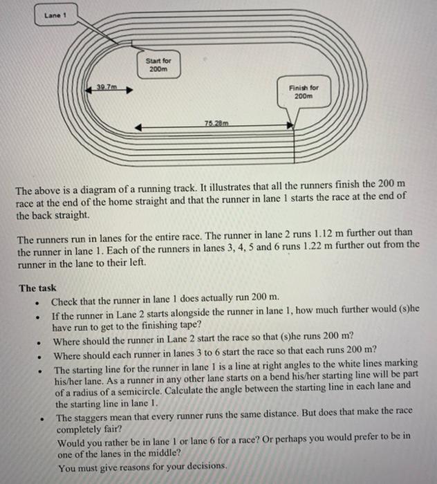 Solved Lane 1 Start for 200m 30.7m Finish for 200m 75.28. | Chegg.com
