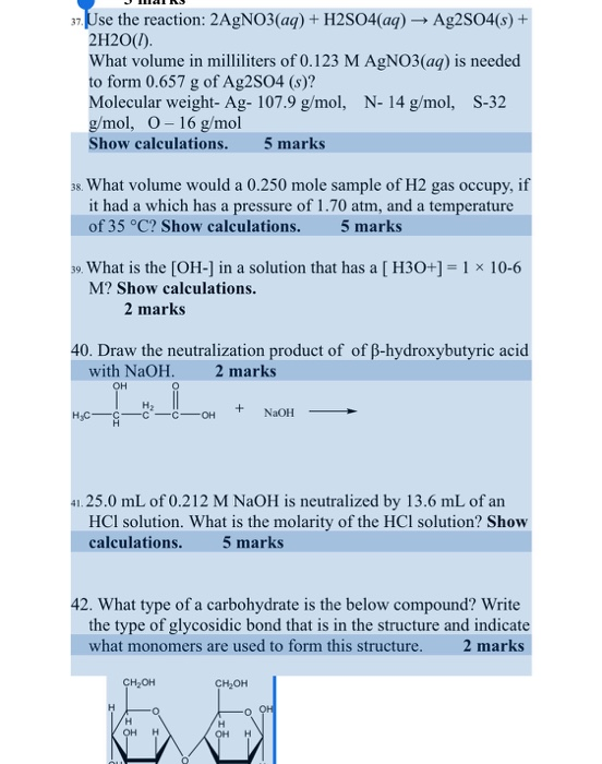 Solved 37. Use the reaction: 2AgNO3(aq) + H2SO4(aq) → | Chegg.com