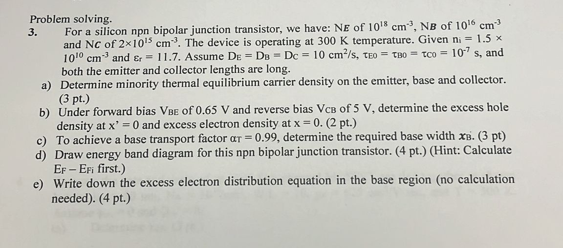 Solved Problem solving.3. ﻿For a silicon npn bipolar | Chegg.com