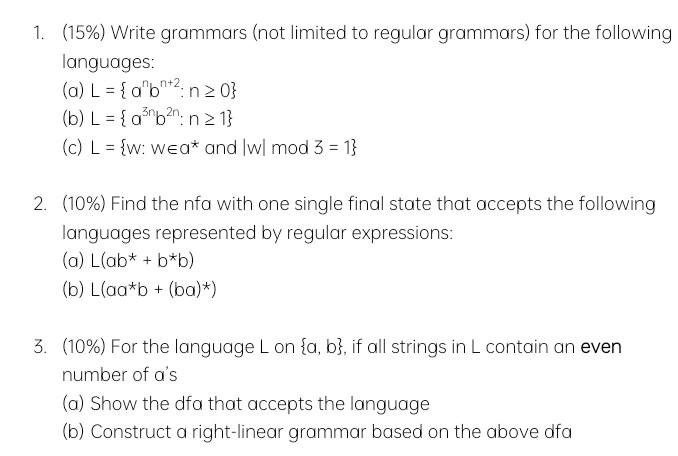 Solved 1. (15%) Write grammars (not limited to regular | Chegg.com
