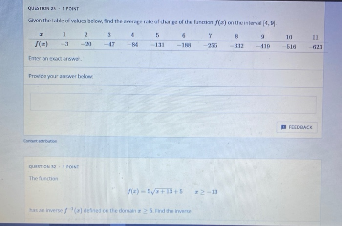 Solved QUESTION 25. 1 POINT Given the table of values below, | Chegg.com