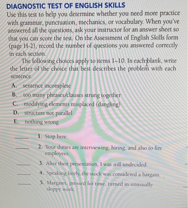 DIAGNOSTIC TEST OF ENGLISH SKILLS Use this test to | Chegg.com