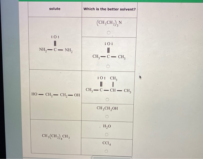 Solved solute Which is the better solvent? (CH3CH2)2N :0: || | Chegg.com