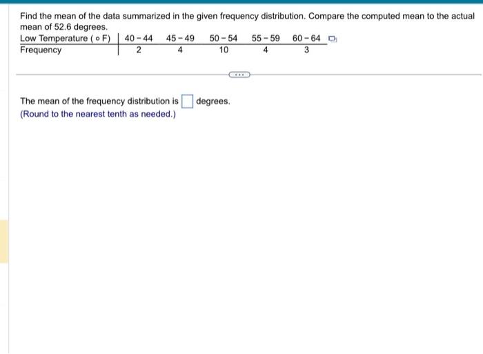 Solved Find the mean of the data summarized in the given | Chegg.com