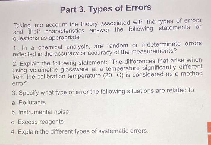 Solved Part 3. Types of Errors Taking into account the | Chegg.com