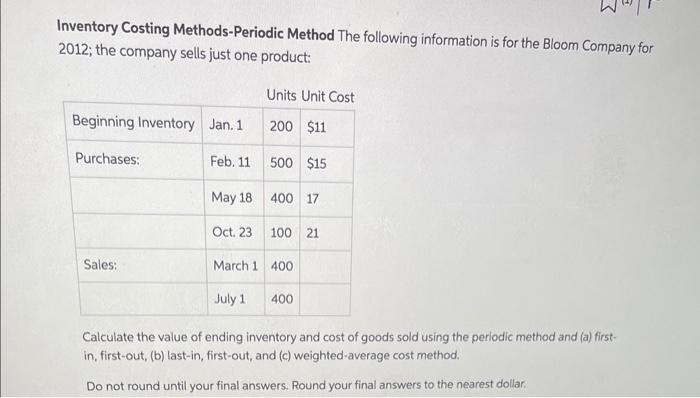 Solved Ifventory Costing Methods-Periodic Method Archer | Chegg.com