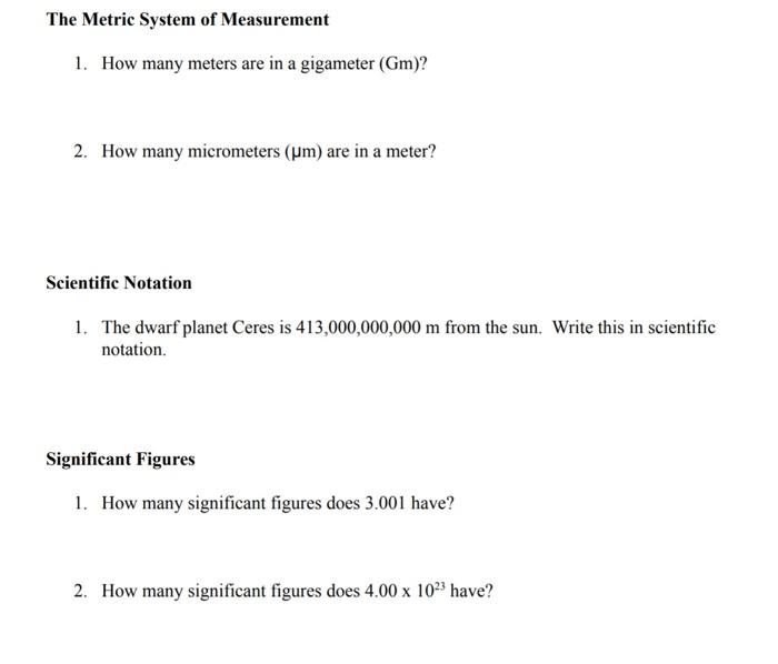 Solved The Metric System of Measurement 1. How many meters | Chegg.com