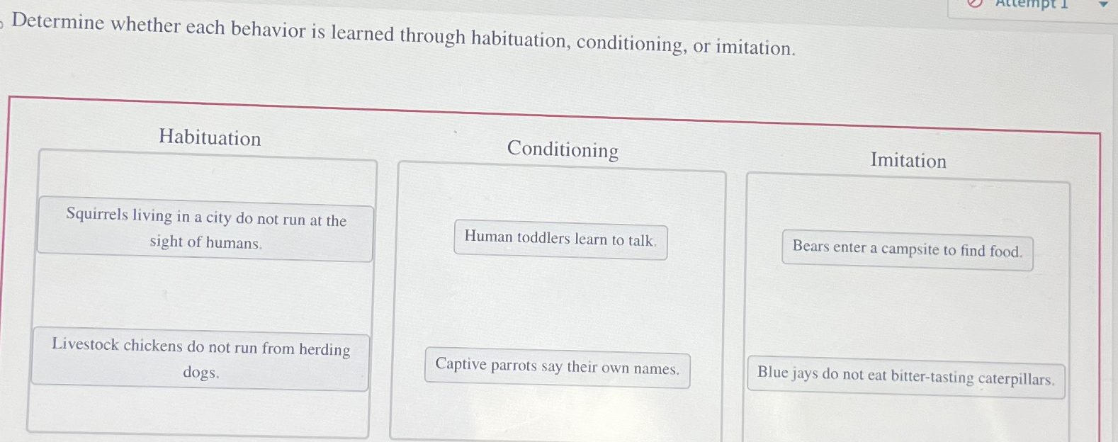 Solved Determine whether each behavior is learned through | Chegg.com