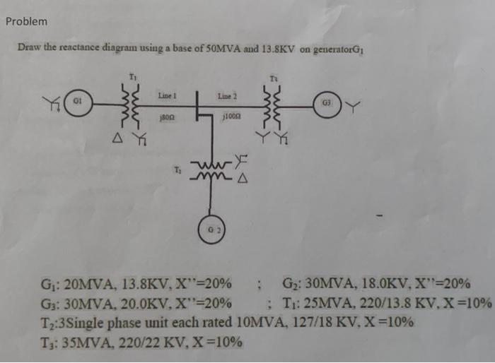 Solved Draw the reactance diagram using a base of 50MVA and | Chegg.com