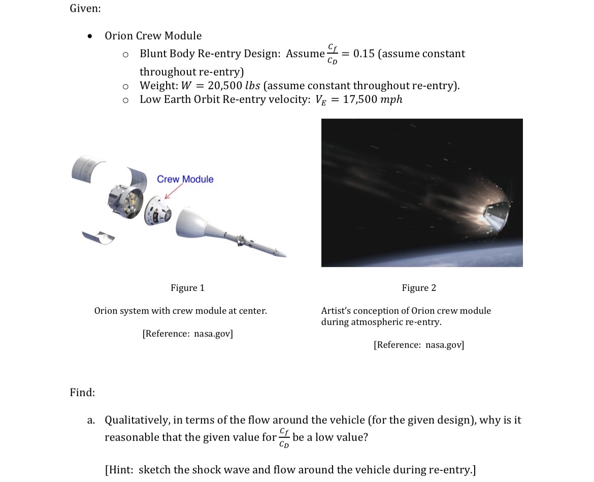 Solved Given:Orion Crew Module ﻿Blunt Body Re-entry Design: | Chegg.com