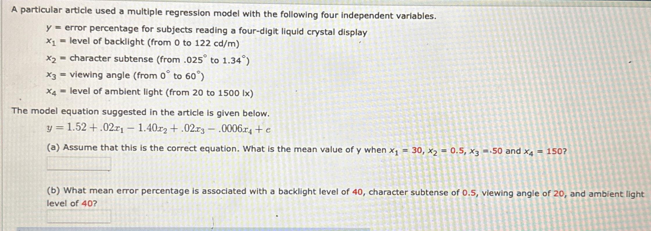 Solved A particular article used a multiple regression model | Chegg.com