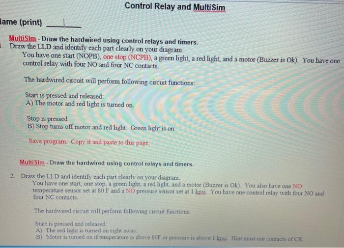 Solved Control Relay and MultiSim lame (print) MultiSim - | Chegg.com