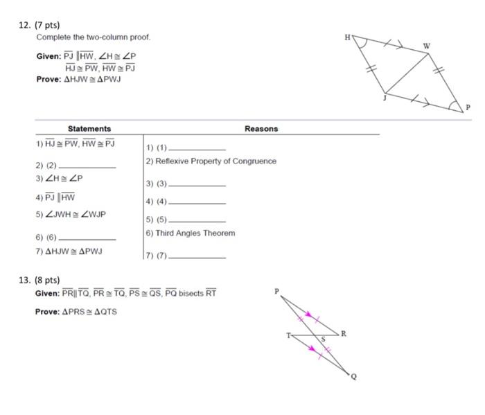 Solved H W 12. (7 pts) Complete the two-column proof Given: | Chegg.com