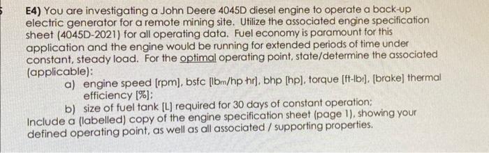 Solved E4) You are investigating a John Deere 4045D diesel | Chegg.com