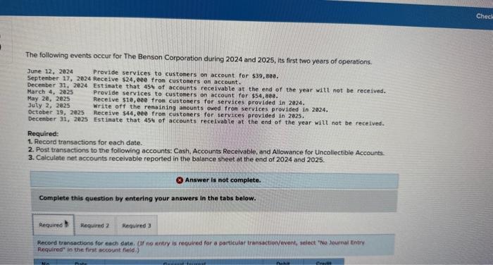 Solved The following events occur for The Benson Corporation | Chegg.com