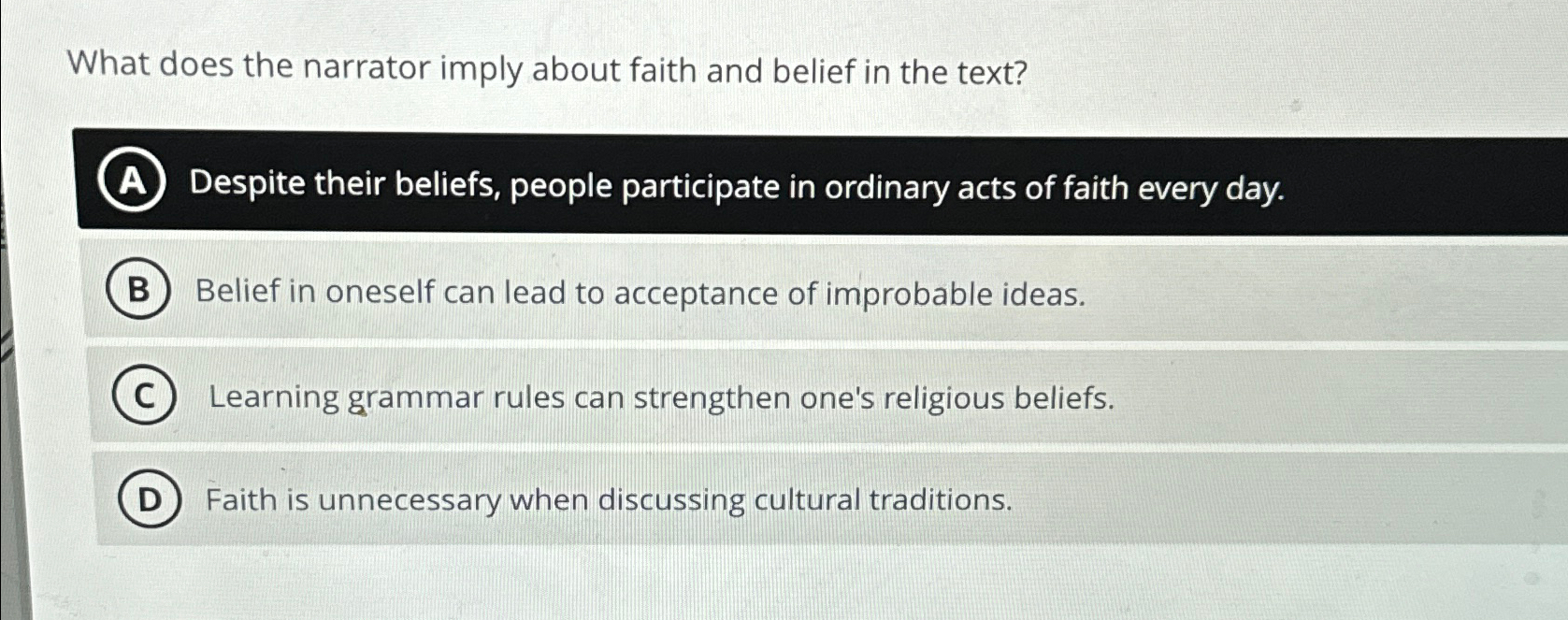 Solved What does the narrator imply about faith and belief | Chegg.com