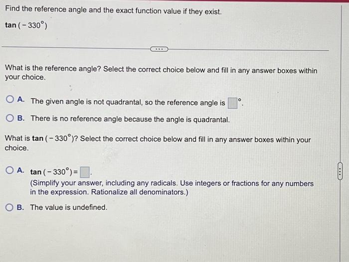 Solved Find the reference angle and the exact function value | Chegg.com