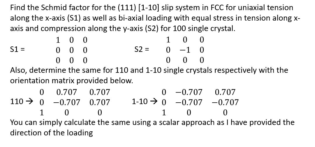 Solved Find the Schmid factor for the (111) [1-10] ﻿slip | Chegg.com