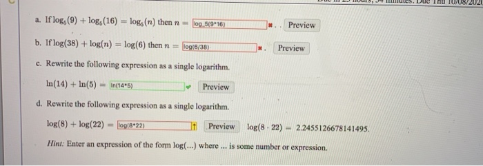 Solved 10/08/2020 a. If log (9) + logs (16) = log(n) then n | Chegg.com