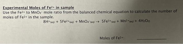 Solved Experimental Moles of Fe2+ in sample Use the Fe2+ to | Chegg.com