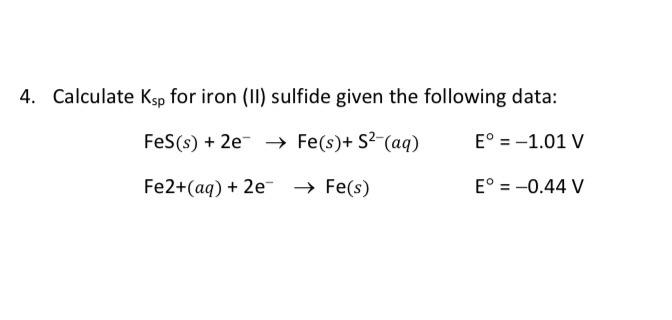 Solved 4. Calculate Ksp for iron (I) sulfide given the | Chegg.com