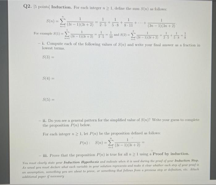 Solved Q2. (5 points } Induction. For each integer n≥1, | Chegg.com