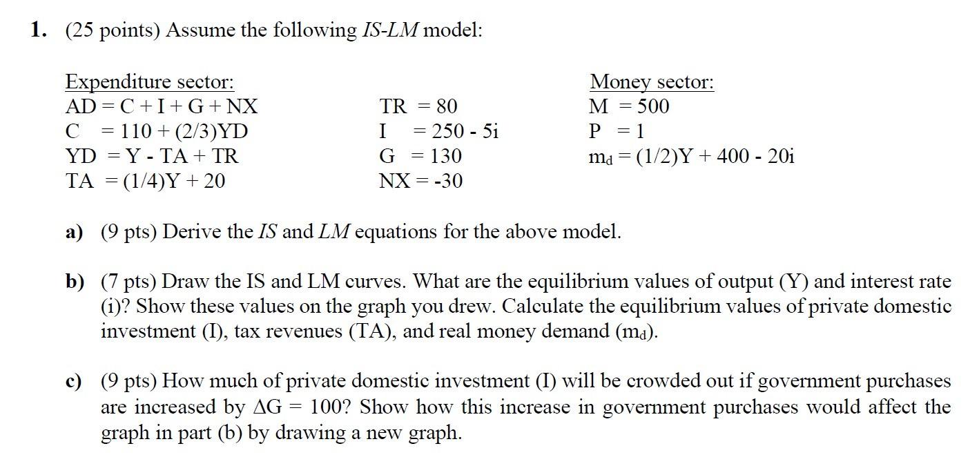 Solved 1. (25 points) Assume the following IS-LM model: | Chegg.com