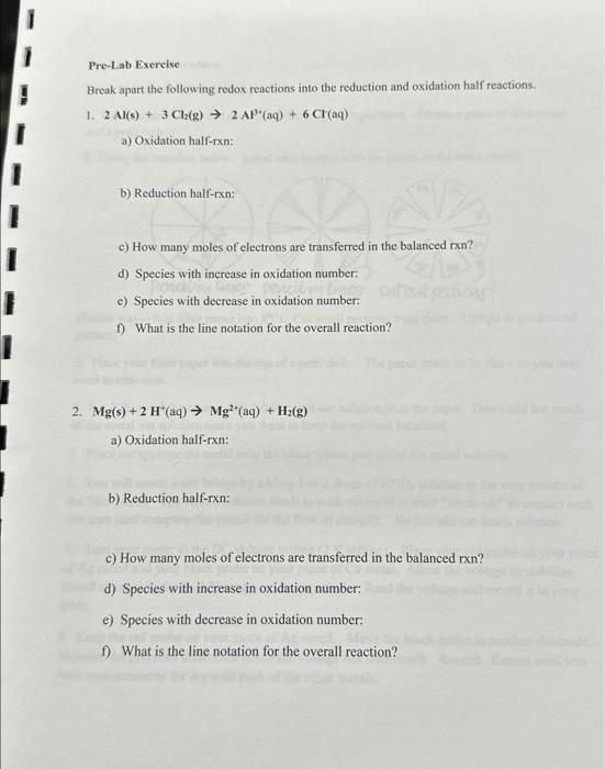 Solved Pre-Lab Exercise Break apart the following redox | Chegg.com